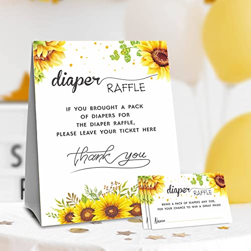 Sunflower Baby Shower Game Cards, 50 Diaper Raffle Tickets and 1 Self-standing Diaper Raffer Sign-（LBLK-007）