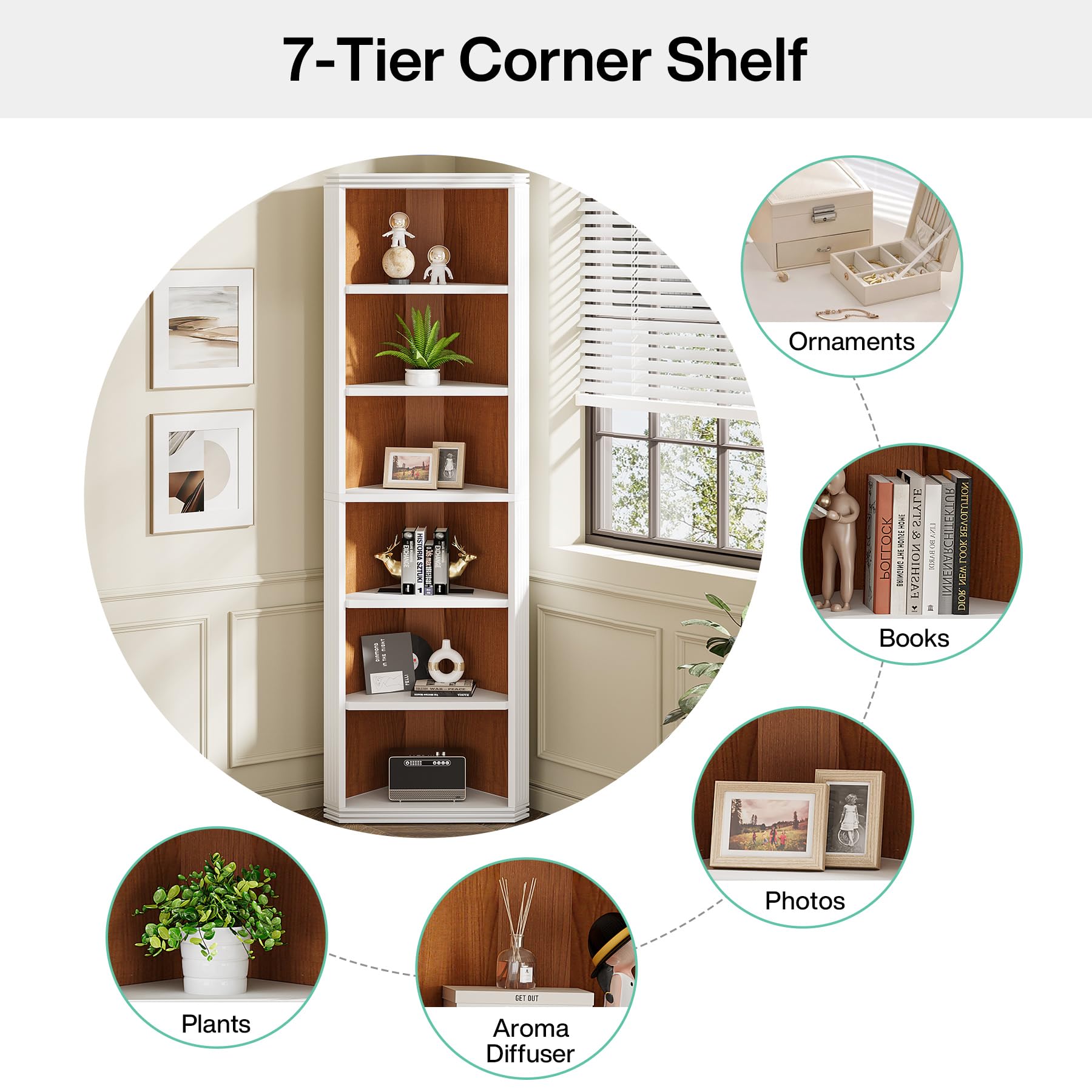 Tribesigns 7-Tier Corner Shelf, 70.87" Tall Corner Bookshelf, Modern White Corner Bookcase, Large Wood Display Shelf for Living Room, Bedroom, Home Office