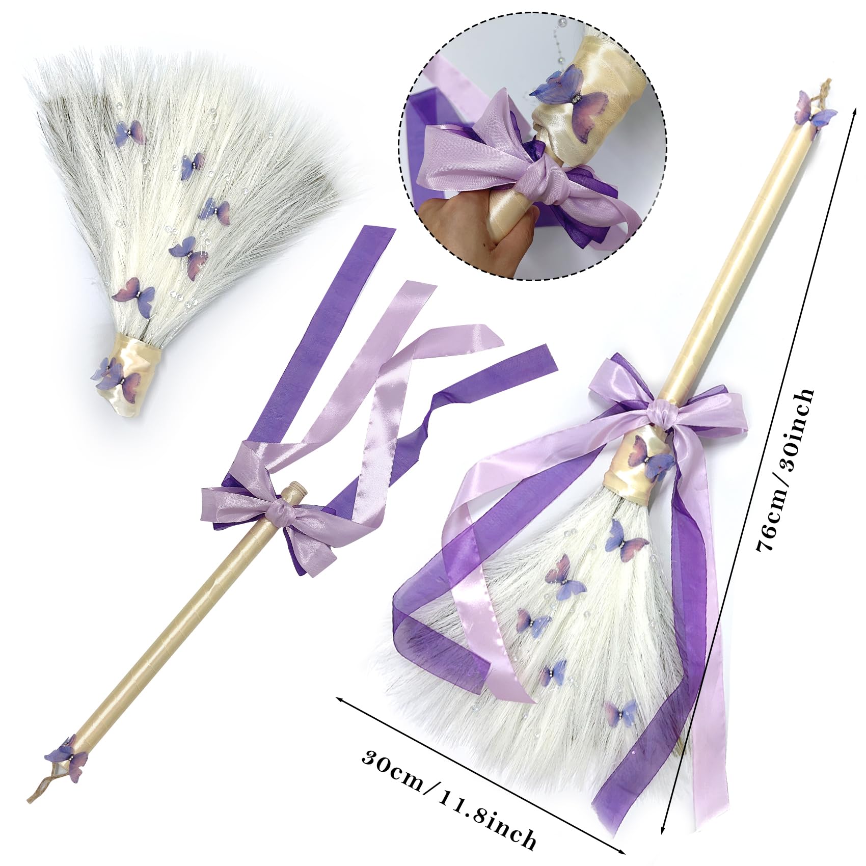 Wedding Broom Jumping Broom for Wedding Ceremony 28 inch Tall Whisk Brooms with Straw White Pampas Grass, Purple Butterfly/Ribbons (Finish Product)