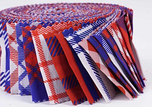 Soimoi 40Pcs Check & Tartan Print Cotton Precut Fabrics for Quilting Craft Strips 2.5x42inches Jelly Roll - Red, Blue & White
