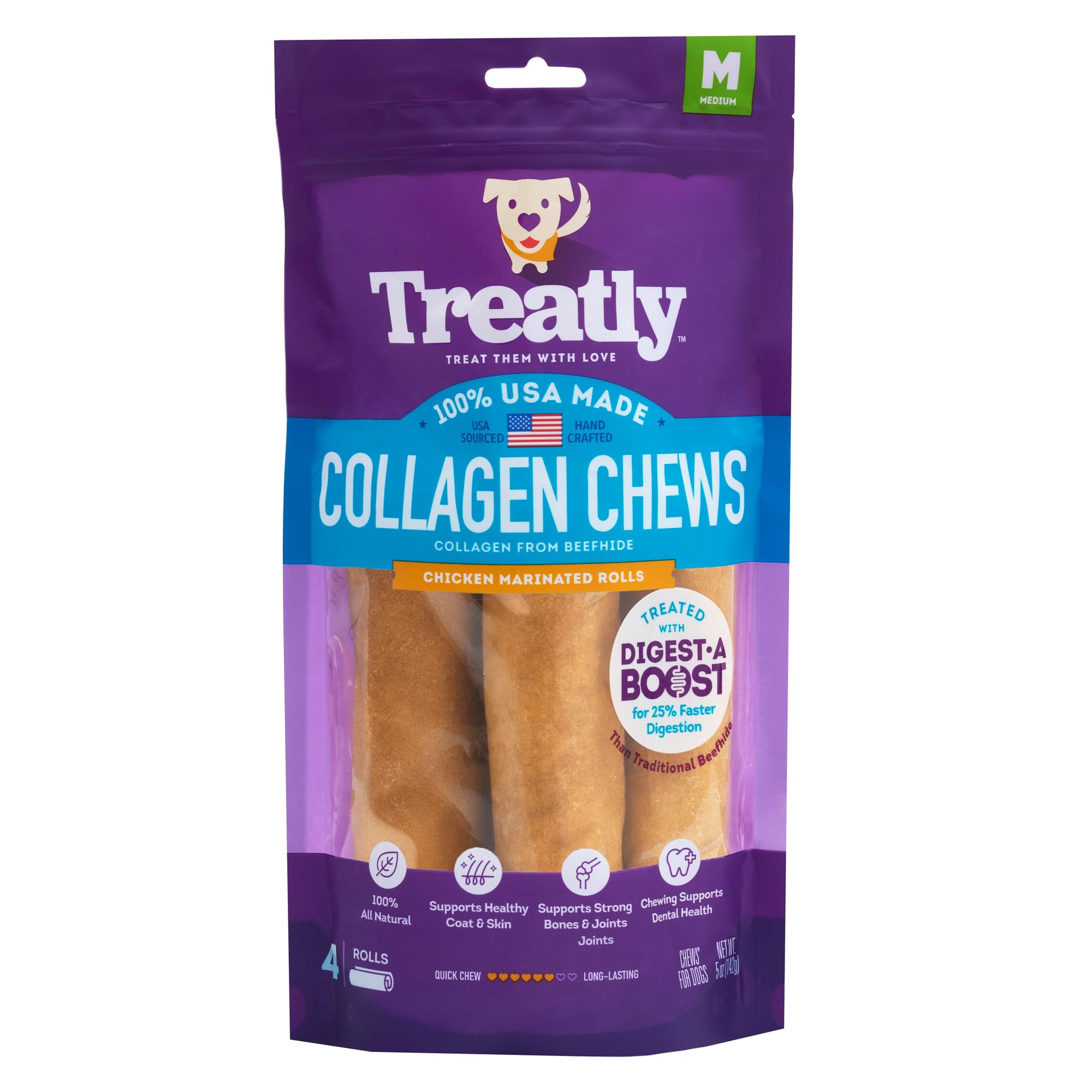 Treatly USA Collagen Rolls 6-7" Dog Chew Treats - Chicken Marinade Flavor, 4 Count/1 Pack