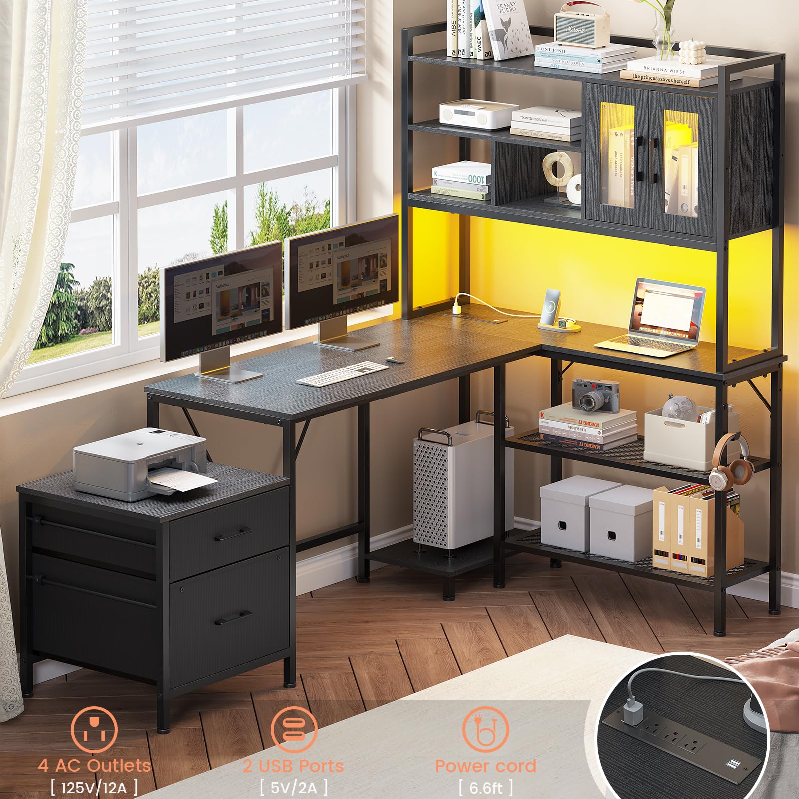 UPOSOJA L Shaped Gaming Desk with Hutch, Reversible Computer Desk with Drawers, Storage Shelves & Pegboard, Modern Home Office Desks with LED Lights & Power Outlet, Corner Desk Black