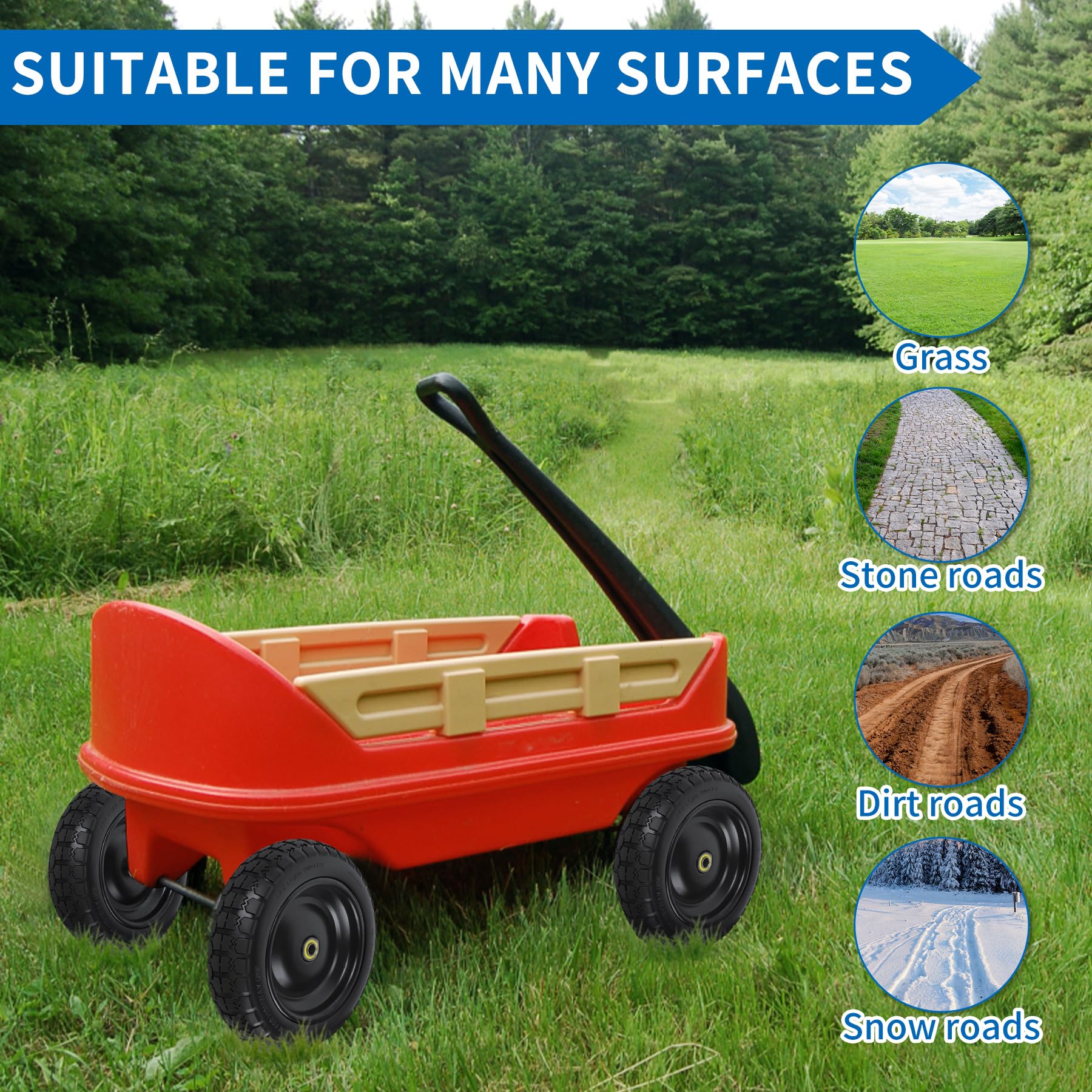 phepetroll 13 Inch Flat Free Wheels Tires 4.00-6 Solid Replacement with Universal 5/8" Axle Bore Hole, 8 Spacers and 4 Pins, for Wheelbarrow, Garden Wagon, Hand Truck, Trolley, Lawn Mower, 2 Pack