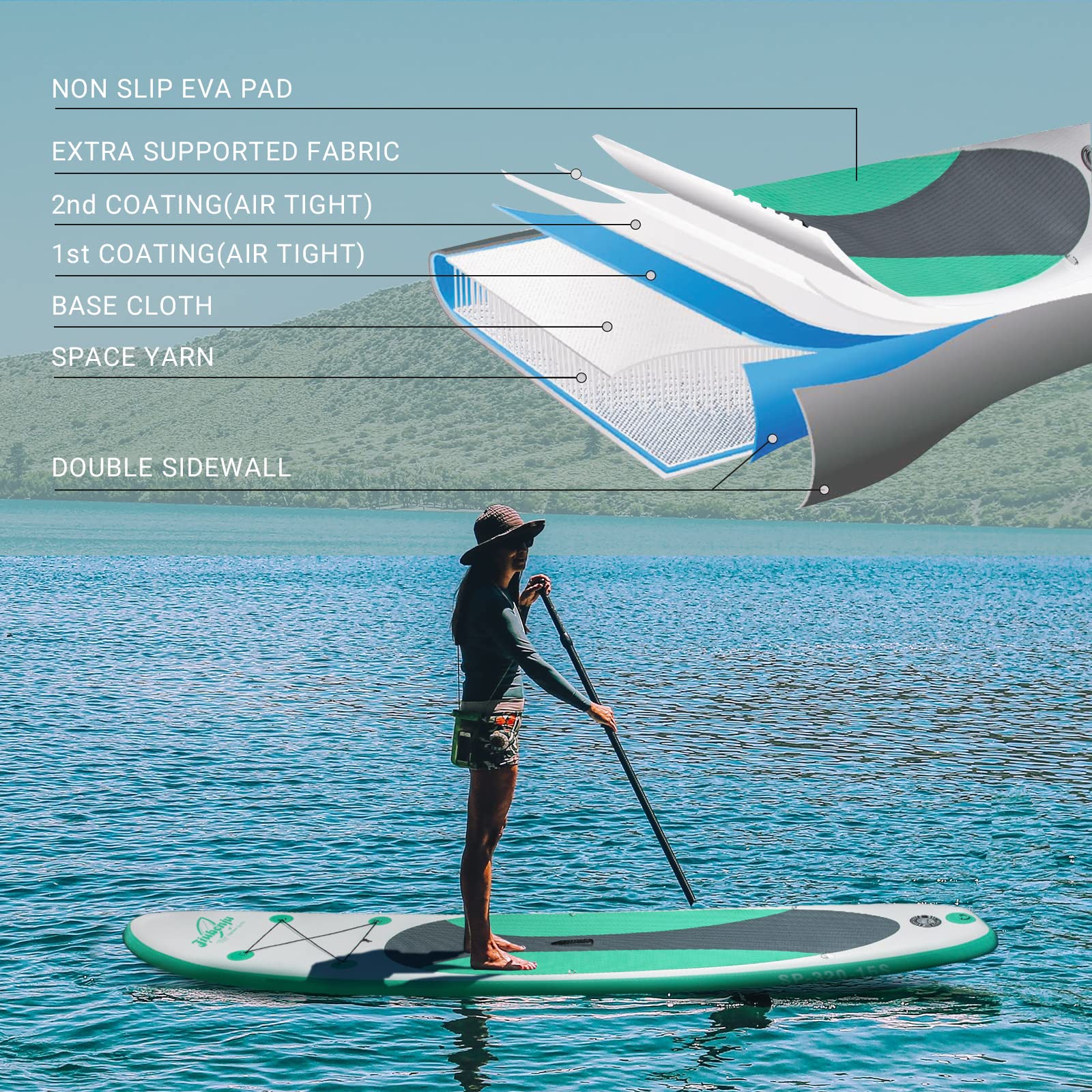 Jiubenju Inflatable Stand Up Paddle Board 10'6"x30"x6" SUP Accessories & Backpack Wide Stance Surf Control Non-Slip Leash Paddle Waterproof Backpack Kayak Seat Hand Pump for Youth & Adult