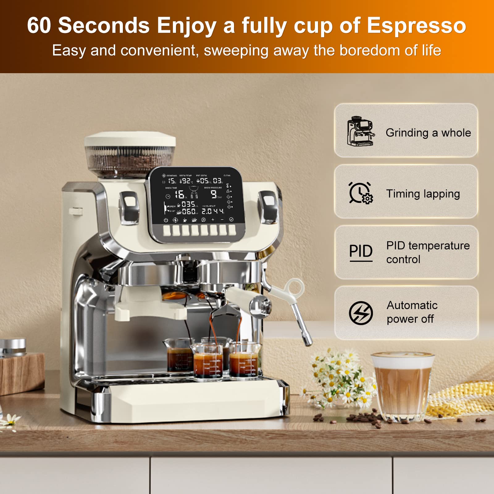 Mcilpoog TC520 Espresso Machine with Milk Frother,Semi Automatic Coffee Machine with Grinder,Easy To Use Espresso Coffee Maker with 6 inch Large Screen,15 Bar Pressure Pump,PID Temperature Control.