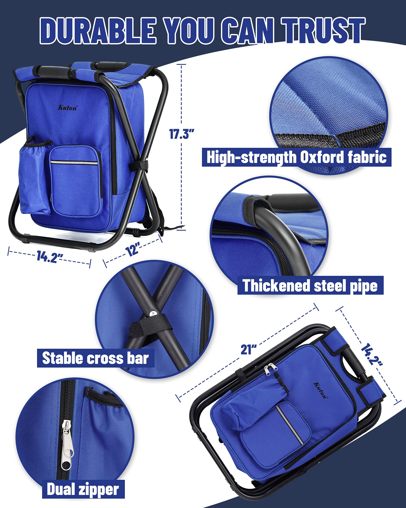 KUTON Backpack Cooler Chair, Folding Camping Fishing Stool 3-in-1 Portable Backpack Seat, Lightweight for Outdoor Picnic, Blue