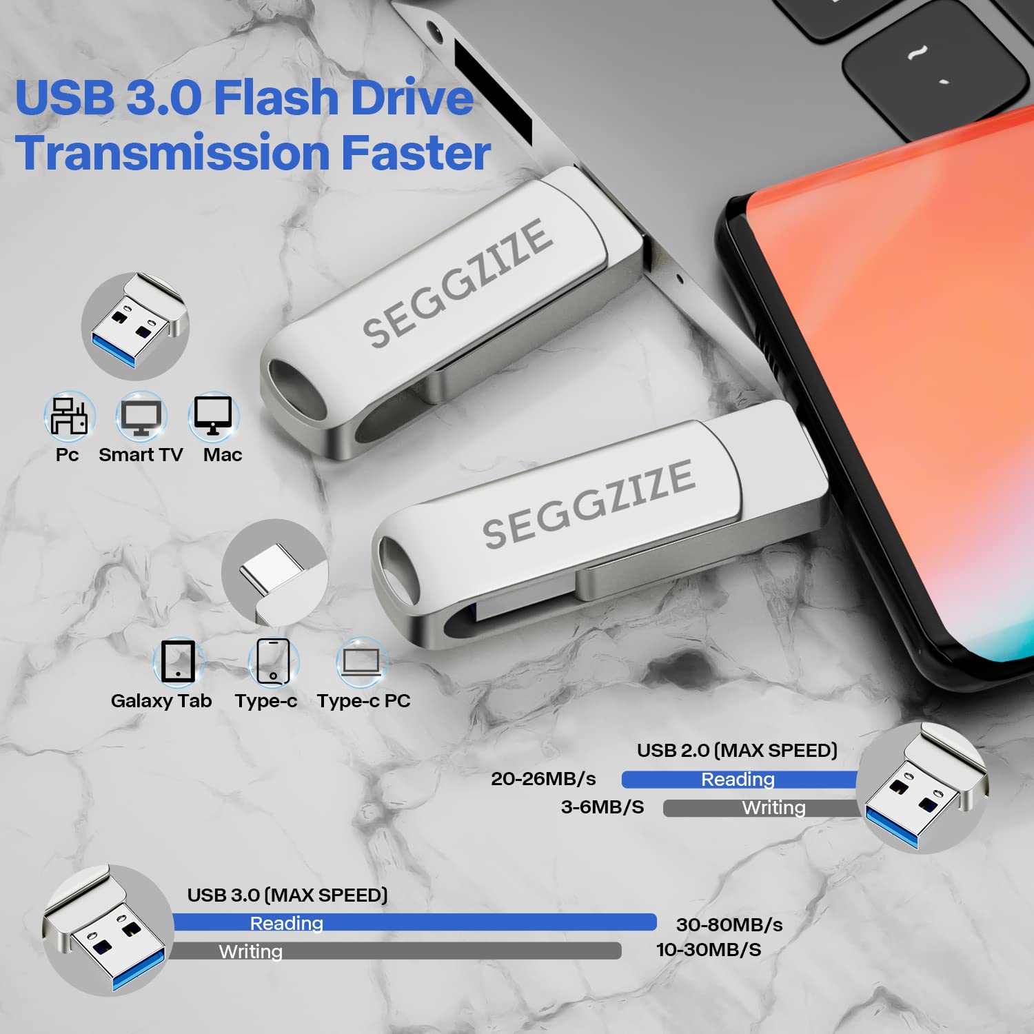 SEGGZIZE 128GB USB C Flash Drive, Silver Metal USB C Drive 2 in 1 USB C Thumb Drive for Android Phones PC Computer Car Audio System Smart TV etc.
