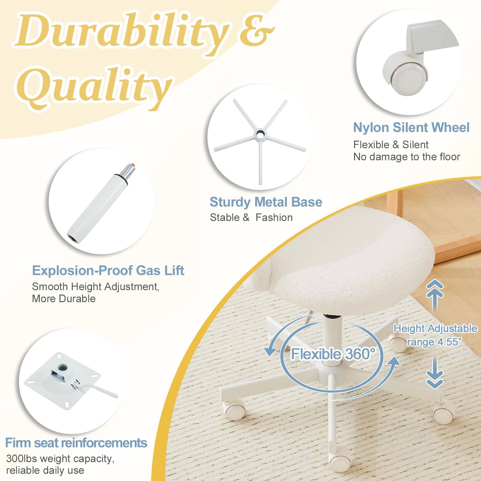 VINGLI Candy Chair Armless Cute Desk Chair,Comfy Small Office Chair with Wheels,Vanity Chair with Lumbar Support,Teddy Adjustable Rolling Swivel Computer Task Chair for Home Office,Bedroom,White
