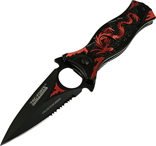 Tac-Force- Spring Assisted Folding Pocket Knife – Black Partially Serrated Blade, Black Aluminum Handle w/ Red Dragon Design, Glass Punch and Pocket Clip, Tactical, EDC, Rescue - TF-707RD