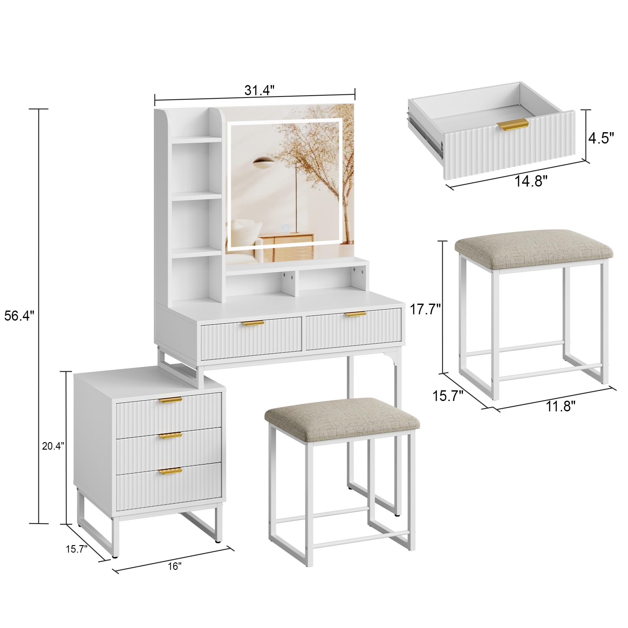 White Vanity Makeup Desk, Vanity Set with Mirror and 3-Mode Lights, 5 Drawers Vanity Table with Removable Side Storage Cabinet, Stool for Bedroom