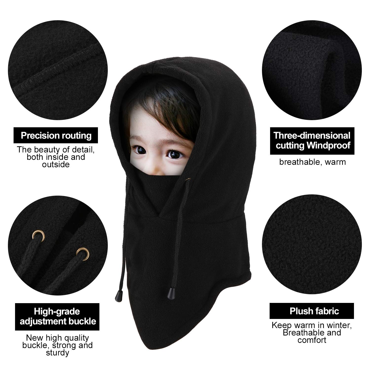 Joyoldelf Heavyweight Balaclava Face Mask for Kids, Adjustable Windproof & Warm Ski Mask for Skiing, Cycling, Hiking, Camping (Black)