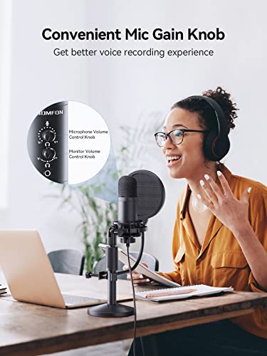 SOOMFON USB Computer Microphone Condenser Podcast Microphone for PC, Recording, Gaming, Streaming, Upgraded Mic with Height Adjustable Stand, Headphone Output, Gain and Volume Knob