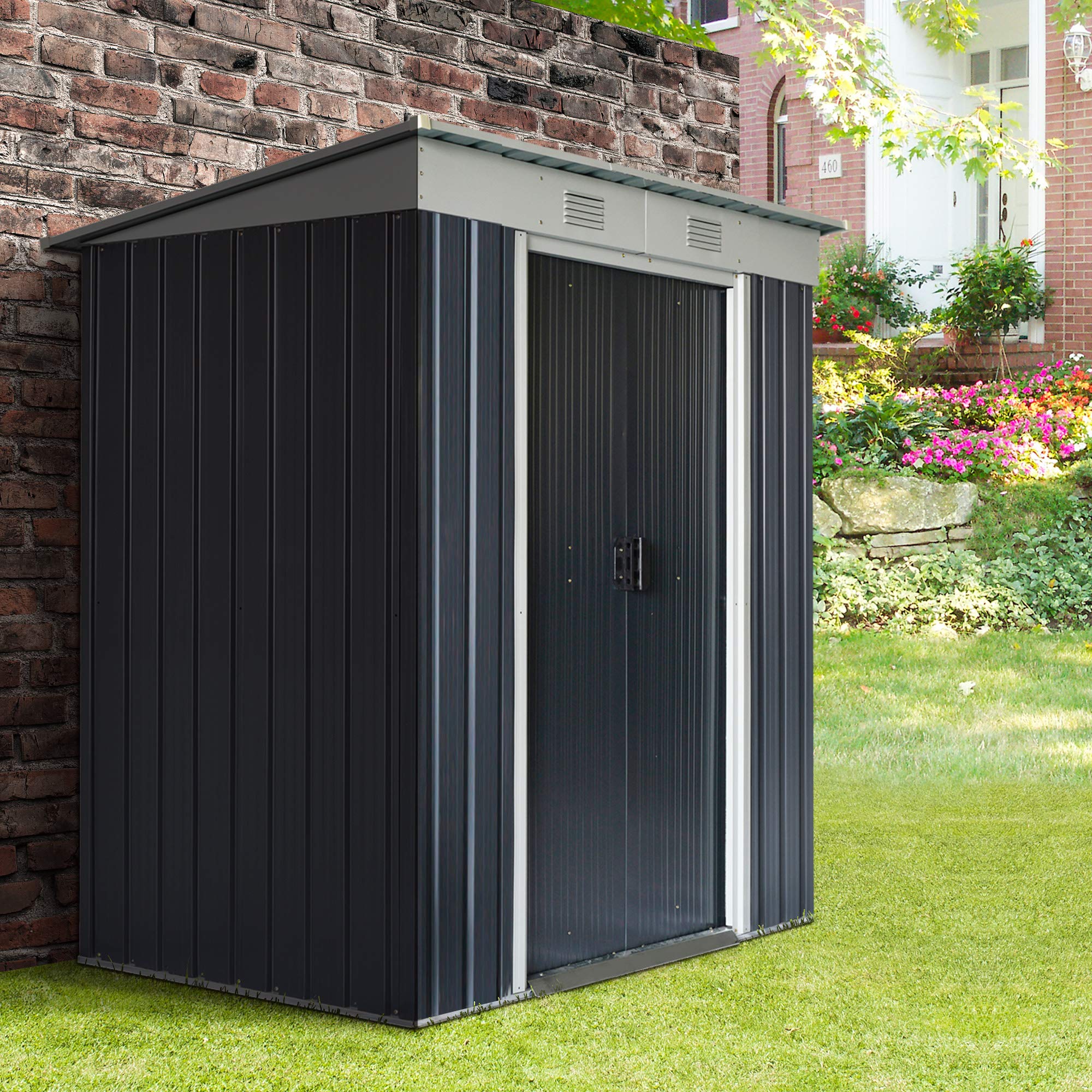 Outsunny 6' x 4' Backyard Garden Tool Storage Shed with Lockable Door, 2 Air Vents & Steel Construction, Black