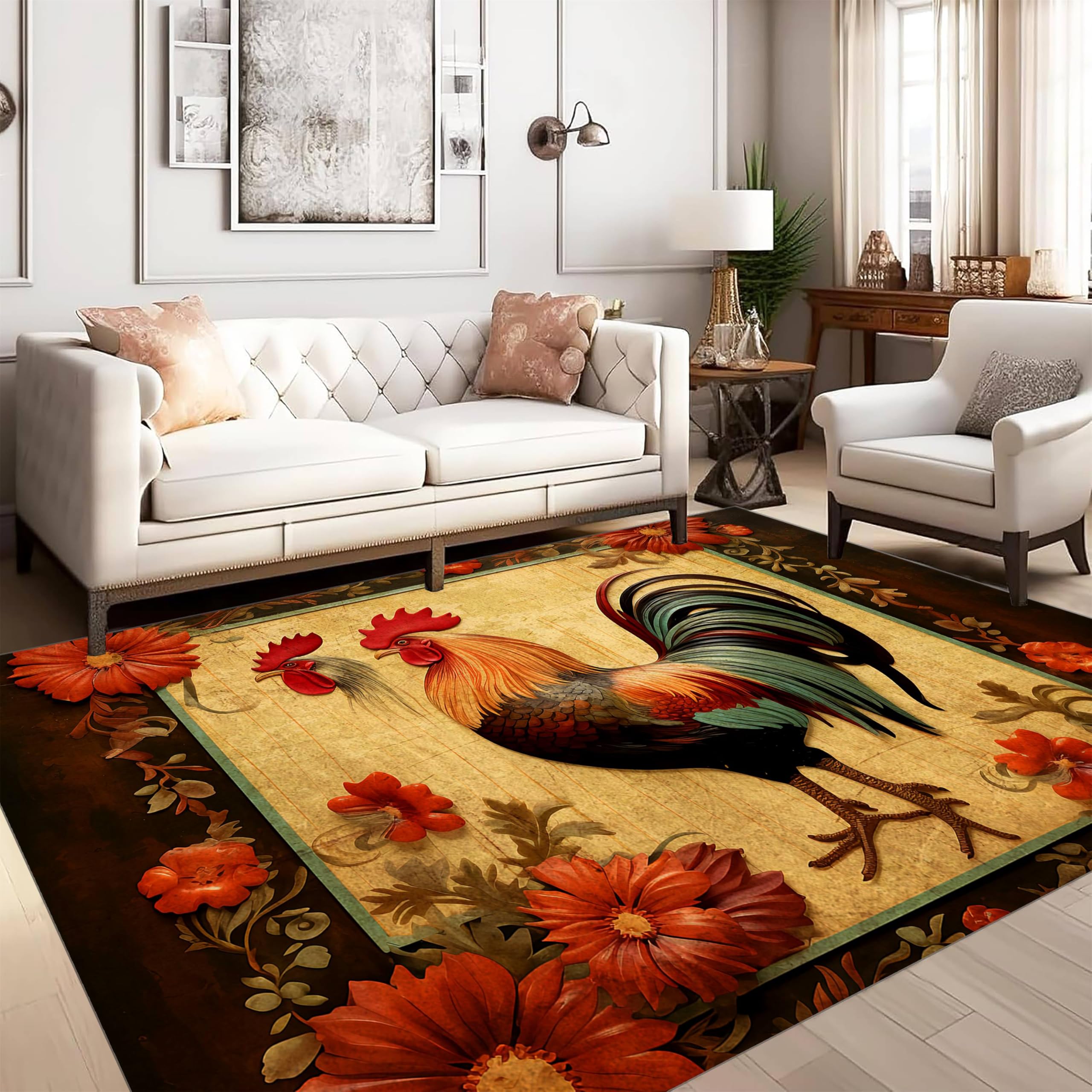 rugsjwaizj Rustic Rustic Rooster Area Rug Living Room Vintage Rugs Wildlife Novelty Cottage Decor for Bedroom Living Room Kitchen Non-Slip Washable Durable Rugs Ease Foot Fatigue Rugs 5x7ft
