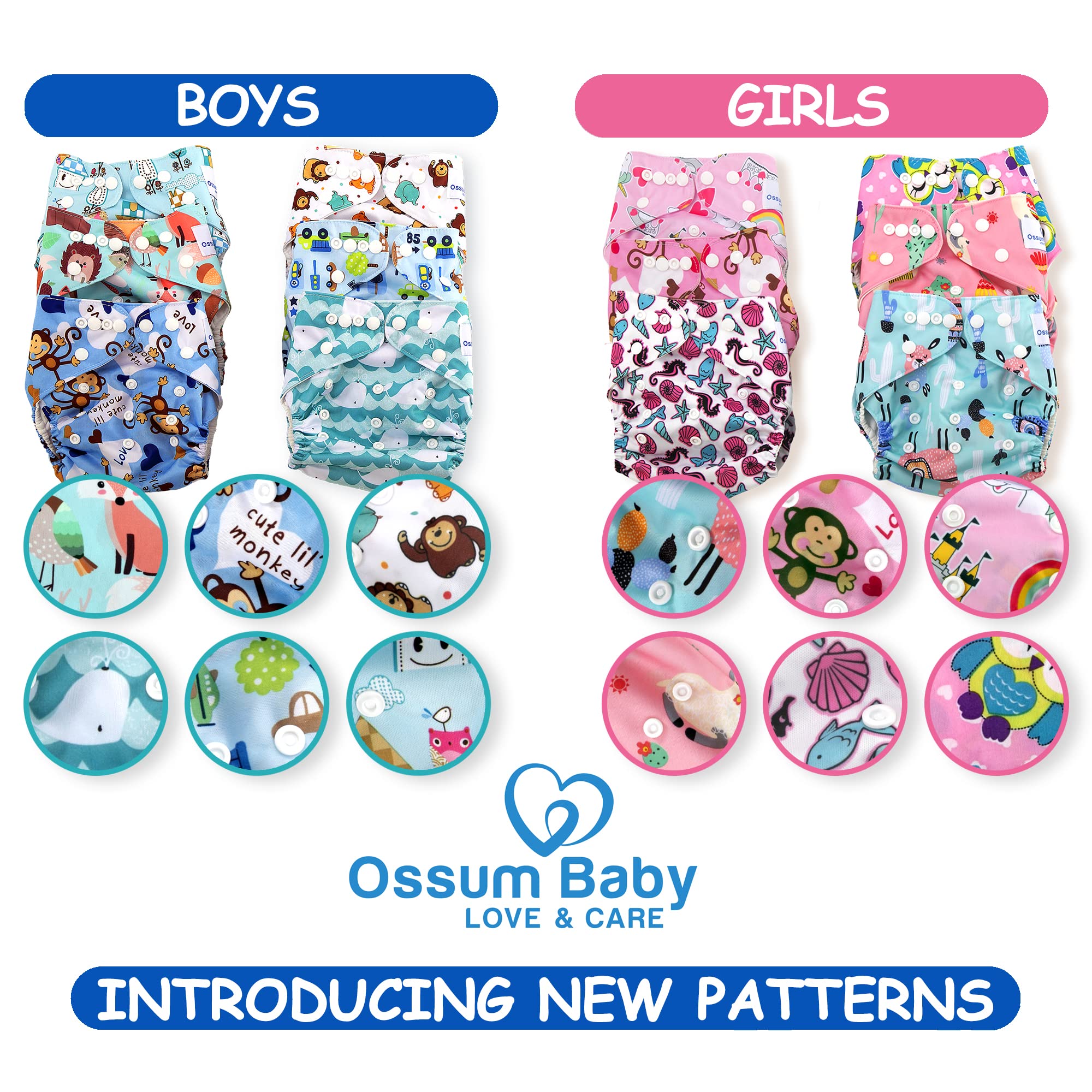 Ossum Baby Premium Cloth Diapers (New) - 6 Diaper Covers + 6 Bamboo Cotton Inserts (Super Soft & Absorbent) + Wetbag (B01), 0-24 Month, BG1