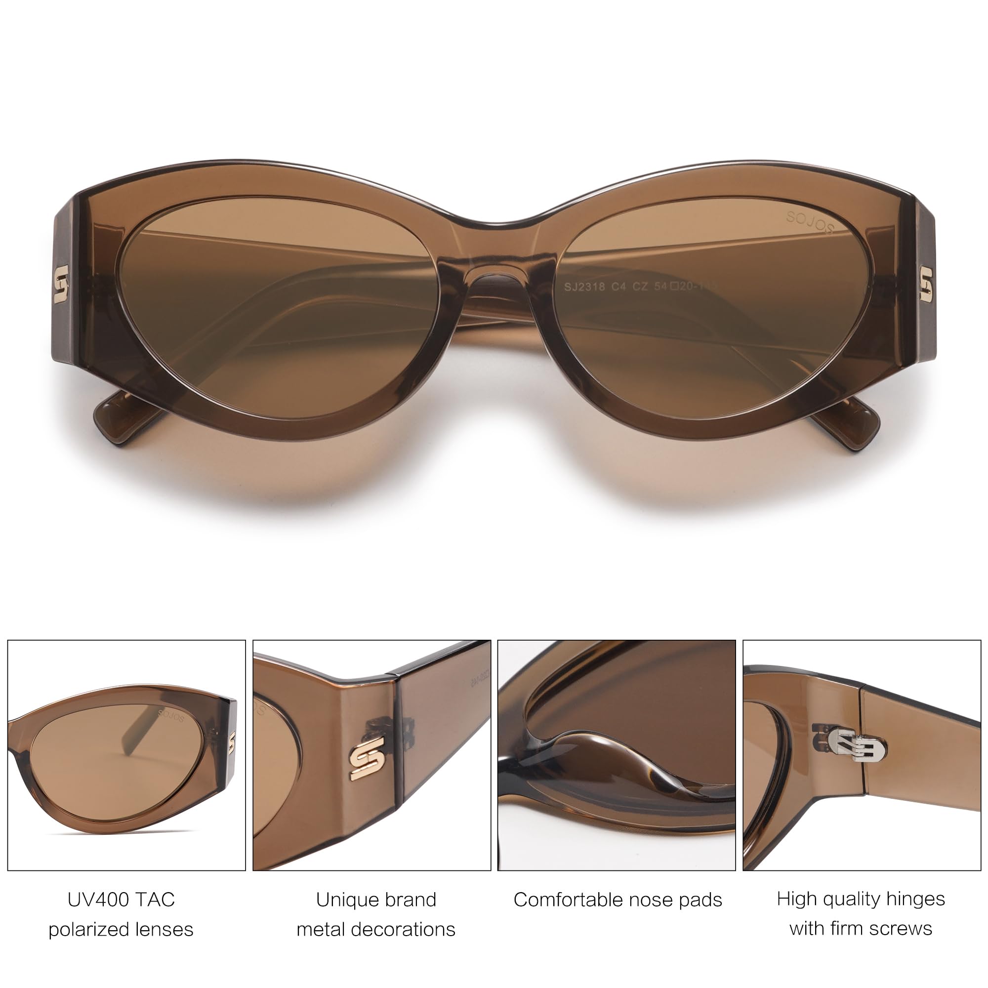 SOJOS Trendy Cat Eye Oval Polarized Sunglasses for Women Fashion Cateye Womens Sunnies SJ2318, Light Brown Frame/Dark Brown Lens