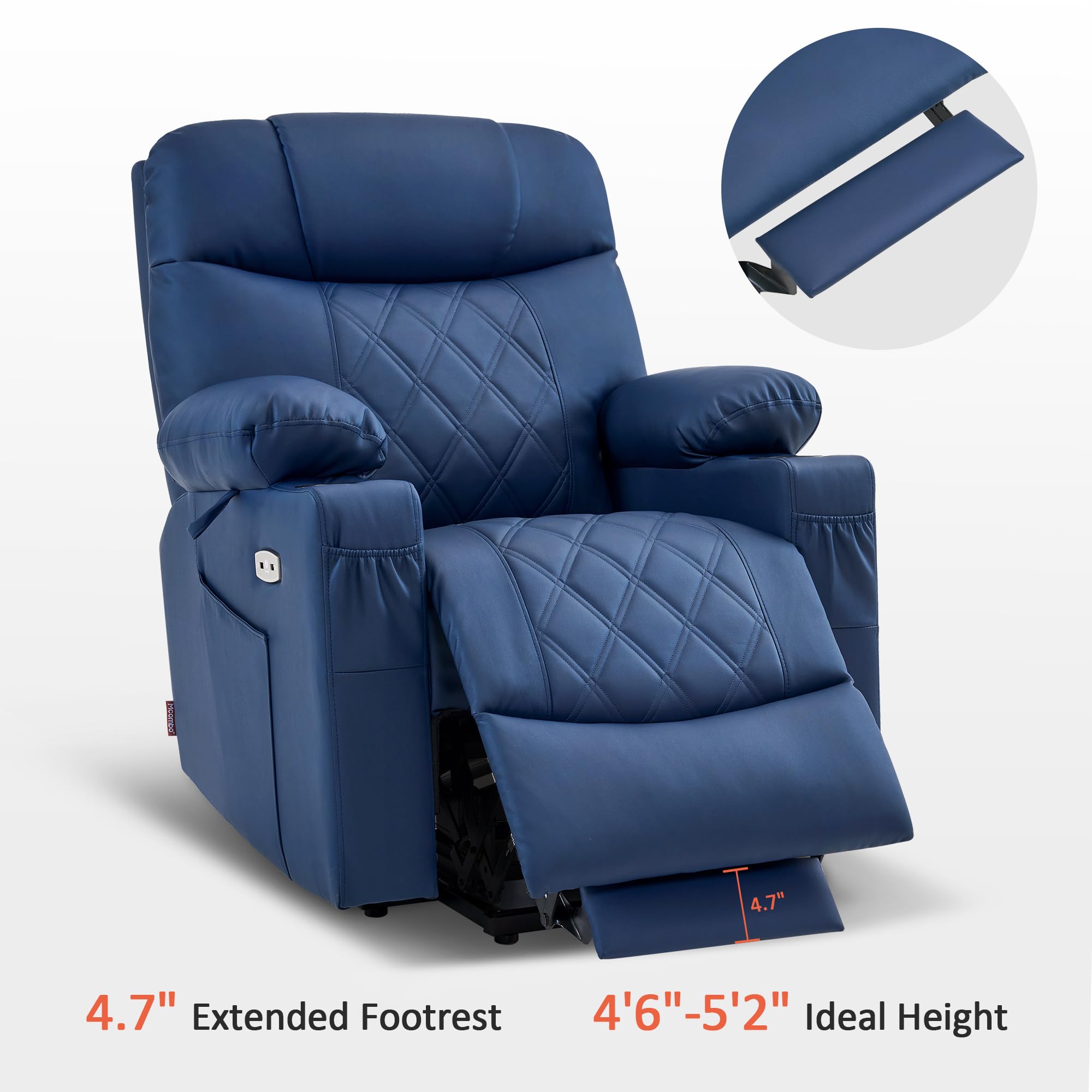 MCombo Small Size Electric Power Lift Recliner Chair Sofa with Massage and Dual Heating, Adjustable Headrest for Elderly People Petite, USB Ports, Faux Leather 7111 (Blue)