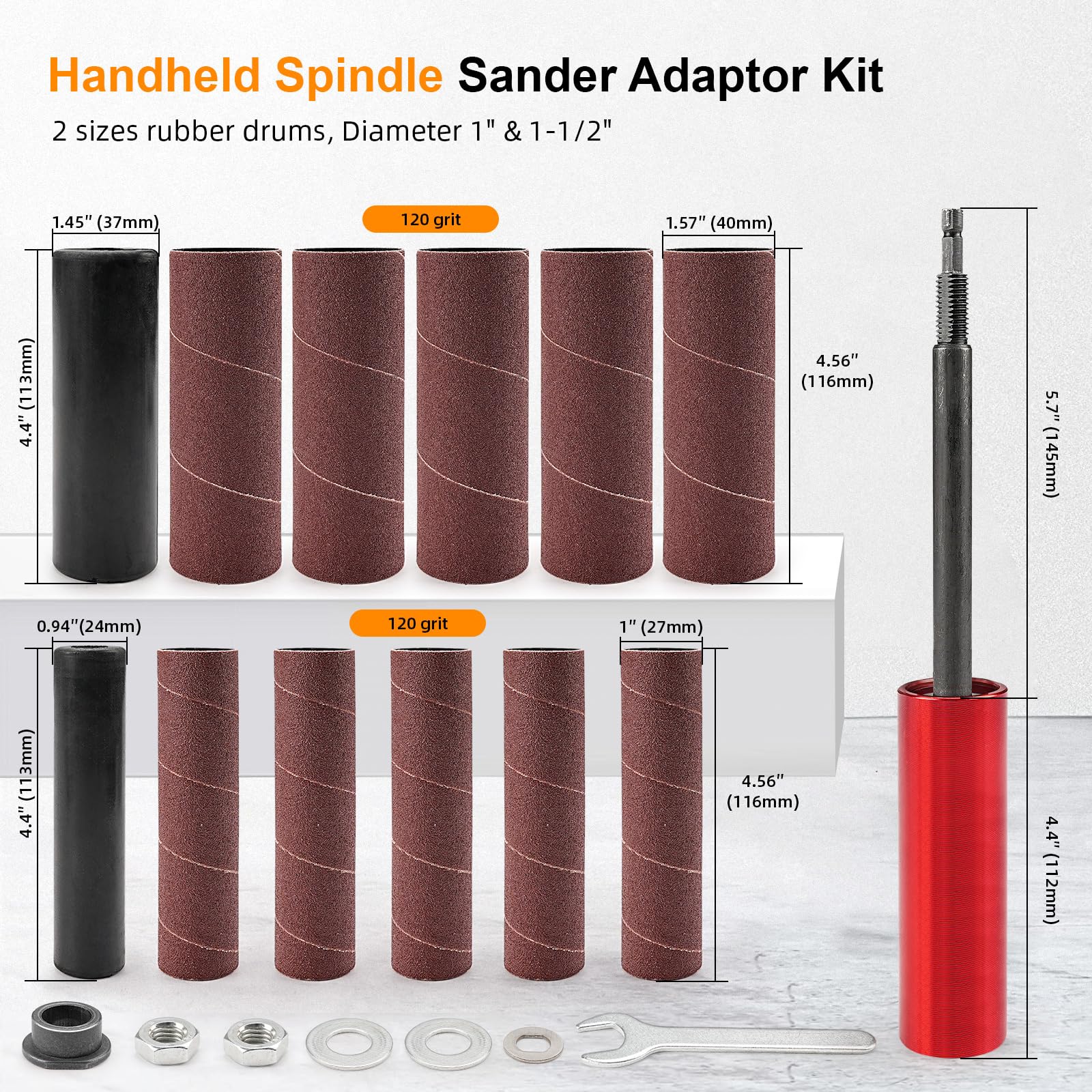SI FANG Spindle Sander Adaptor Kit Drum Sander for Drill, Handheld Rubber Sanding Drums and Sleeves, Drill Sanding Attachment with Universal Hex Shank, for Woodworking Metal Polishing