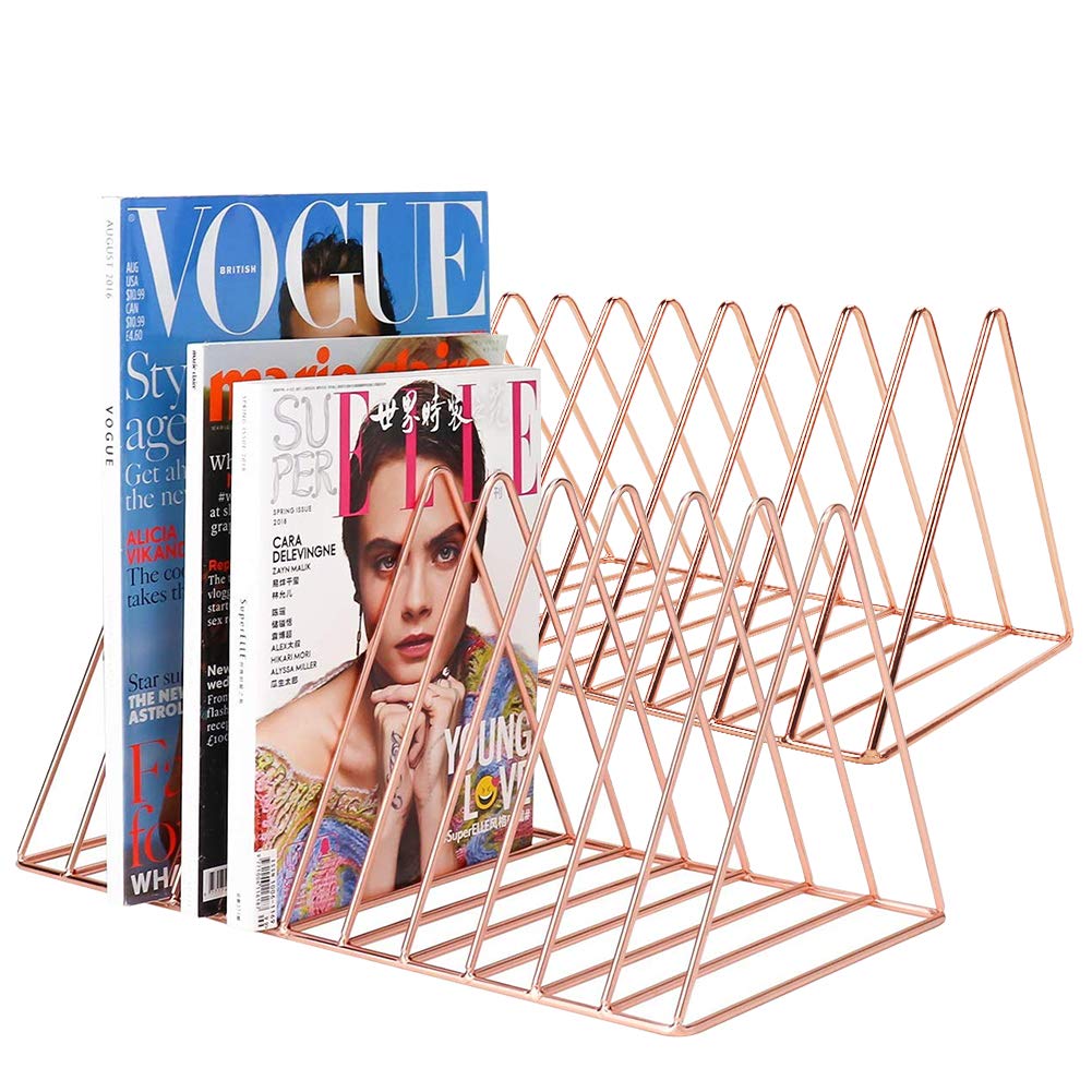 Magazine Holder, 2 Pack Desktop 9 Slot File Holder Organizer, Rose Gold File Sorter Folder, Triangle Vinyl Record Storage Rack for Newspaper Envelope Letter Pad, Bookshelf Stand Decor for Home Office