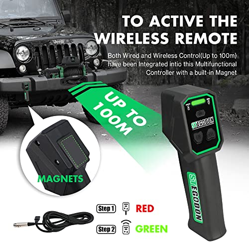 STEGODON Winch 13500 lb. Electric Winch Synthetic Rope Winch,12V Power Waterproof Winch with 2 in 1 Wireless Remote for Towing Jeep Truck Off Road (Jungle EX)