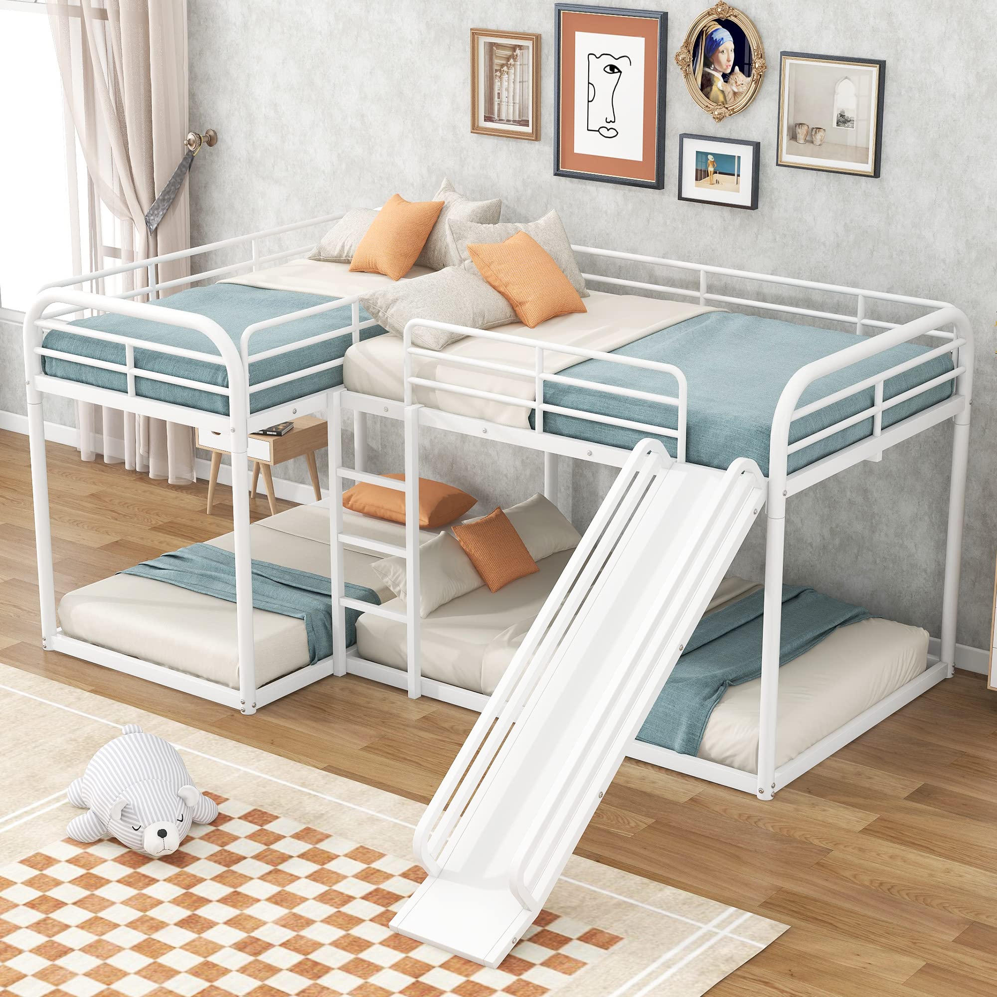 Merax L-Shaped Full Over Full and Twin Over Twin Metal Bunk Bed with Slide and Short Ladder, Full and Twin Size Bed Frame for Teens, 4 Beds in 1, White