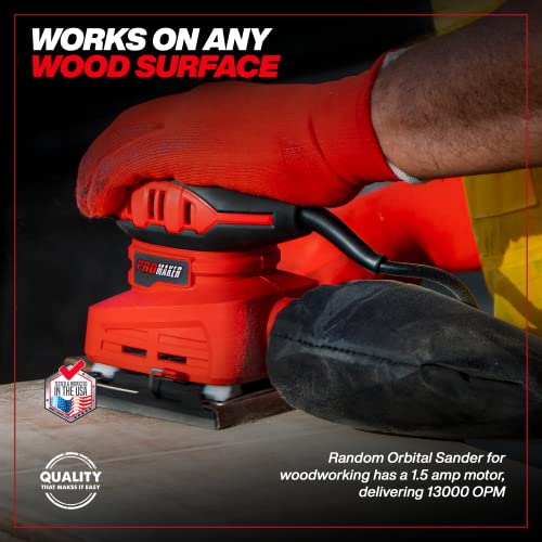 PROMAKER Palm Sander, 1/4 Sander with 1 pcs Sandpaper, 1.5 AMP, Hand sander with Dust Bag, 3000 OPM, Electric Sander for Woodworking. 180W, PRO-LO180