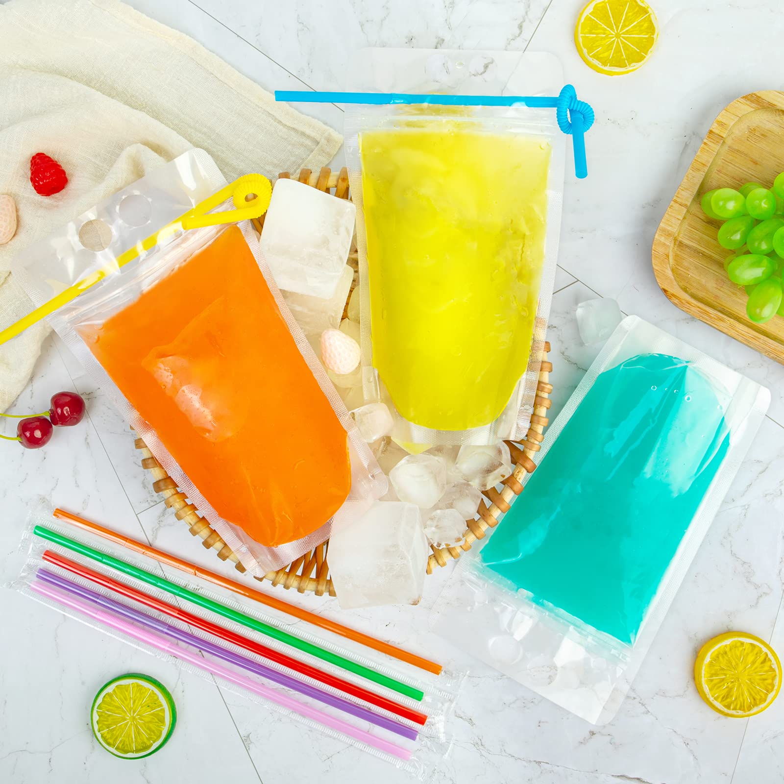 Ozera Drink Pouches, 100 Pcs Plastic Pouches with Straws Funnel, Reusable Clear Juice Pouches for Adults Fit Smoothie Ice Drink Fruit, Nuts, Coffee and Candy
