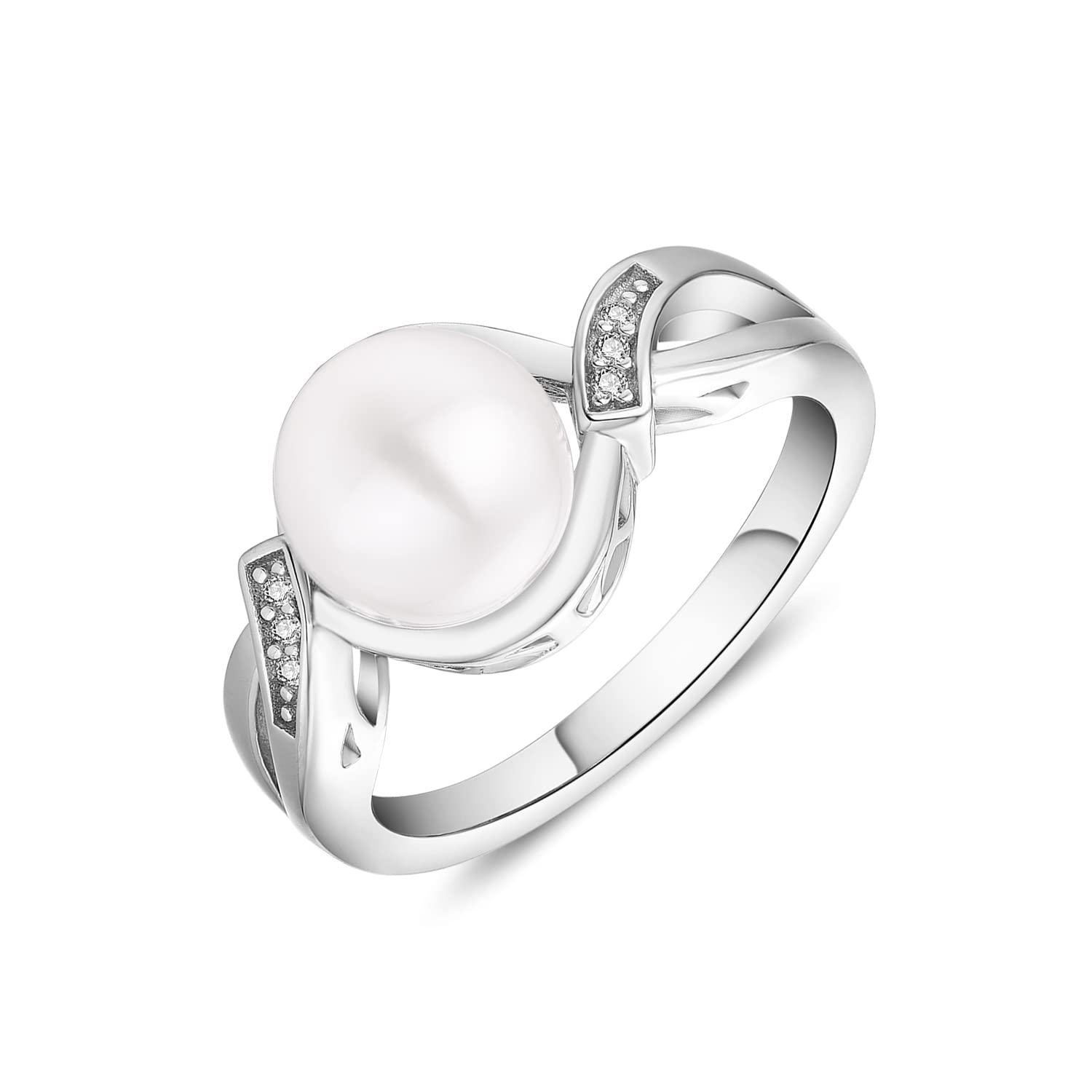 JO WISDOM Pearl Ring,925 Sterling Silver Infinity Cubic Zirconia Women's Rings with 9mm White Freshwater Cultured Pearl Ring size 5
