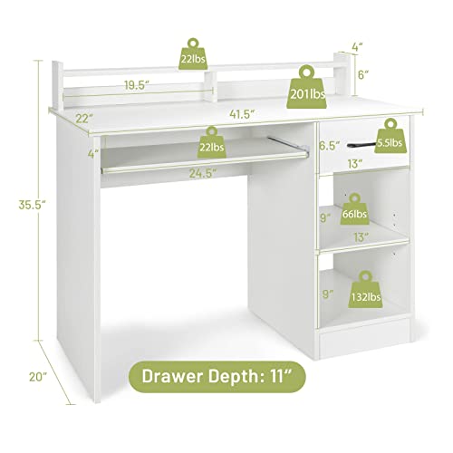 Tangkula White Computer Desk with Drawer & Keyboard Tray, 22 Inch Wide Modern Study Writing Desk with Desktop Hutch & Storage Shelves for Kids, Wood PC Laptop Desk, Desk for Bedroom