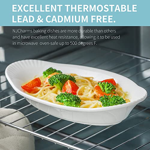 NJCharms Oval Au Gratin Baking Dishes for Oven Safe and Microwave Cooking, White Porcelain Small Mini Casserole Dish, 9 Inch, Set of 6