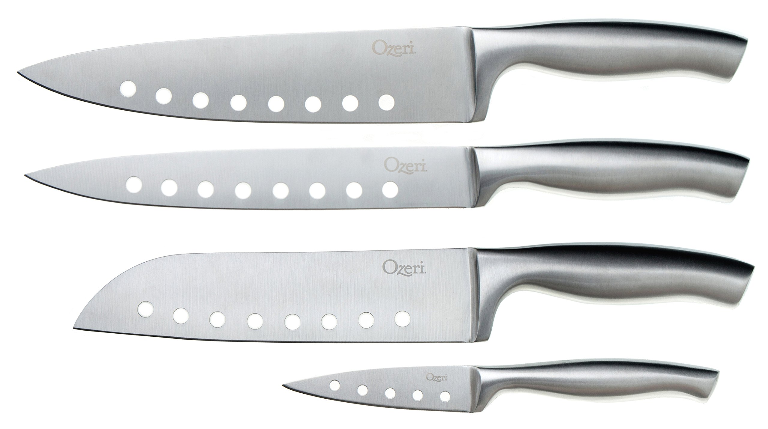 Ozeri 5 Piece Knife and Sharpener Set with Japanese Stainless Steel Slotted Blades, Stainless Steel