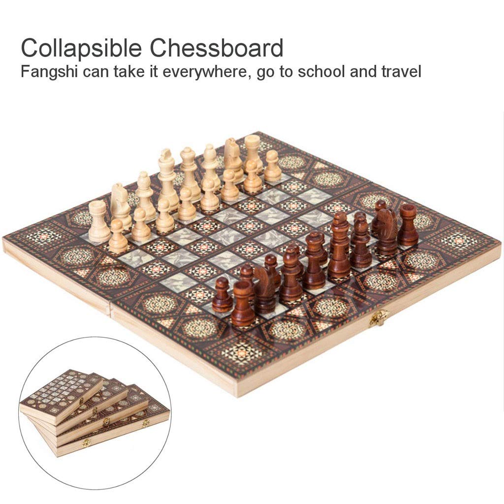 Portable Folding Chess Chessboard Set Wooden Chess Games Backgammon Checkers Travel Table Board Games Indoor Home Entertainment (Size : L)