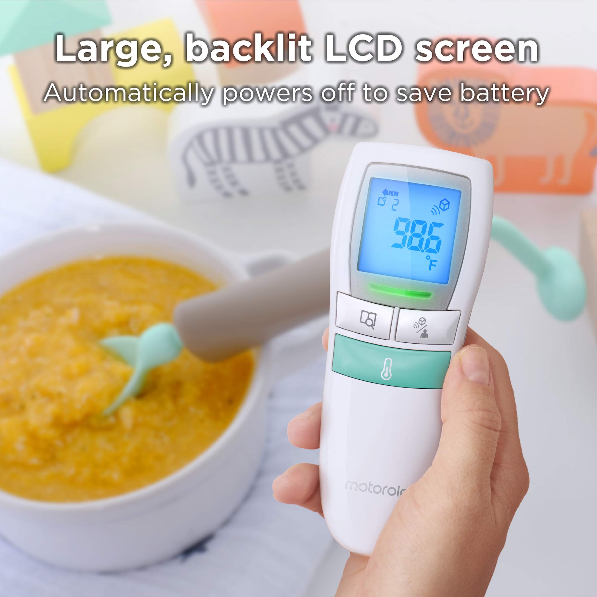 Motorola Care 3-in-1 Non-Contact Baby Forehead Thermometer - Body, Food or Liquid Temperature, Handheld Clinical Device for Kids, Adults - No Touch, Quick & Accurate Reader-Large Display, White