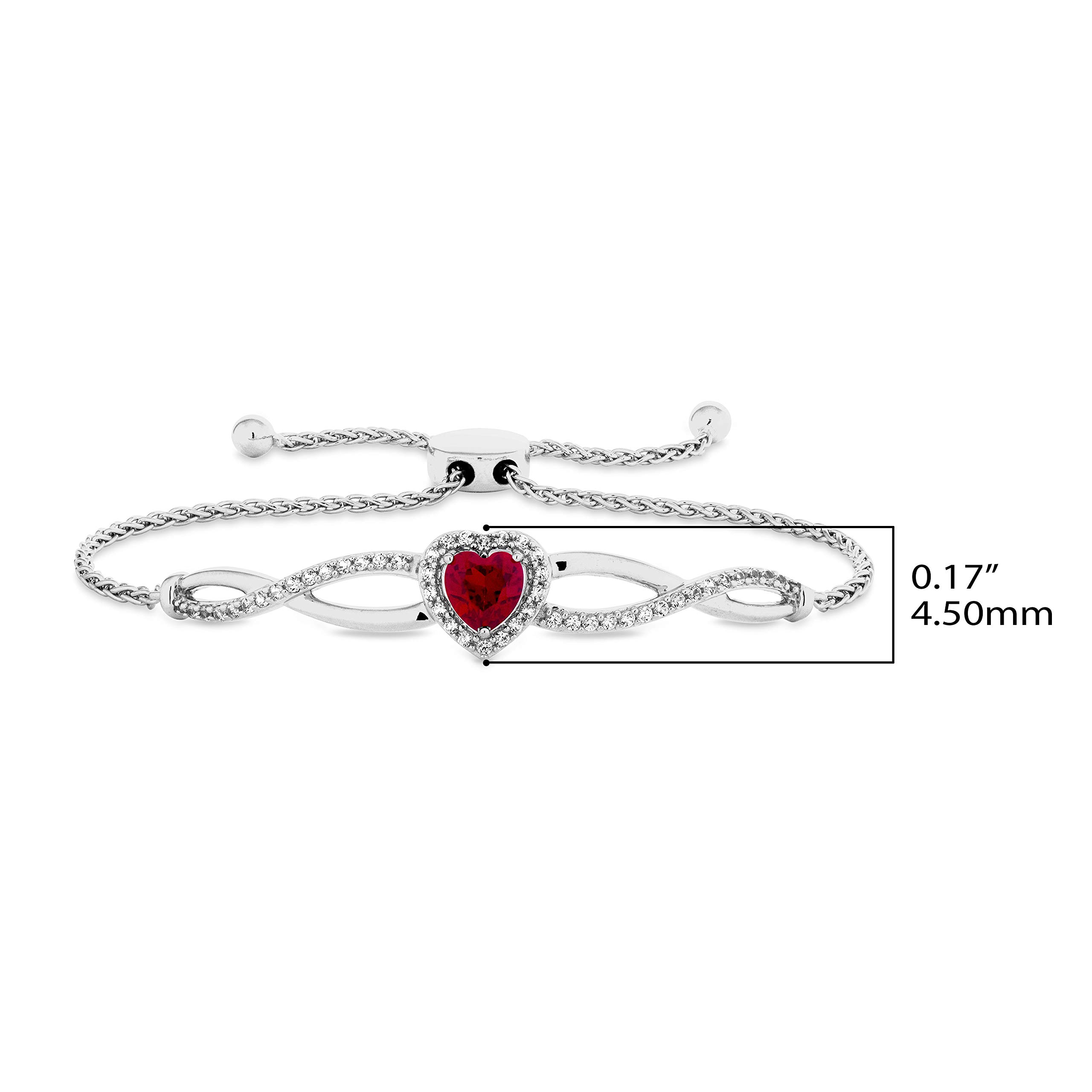 Lexi and Rose .925 Sterling Silver Heart Lab Grown Ruby & Lab Grown White Sapphire Infinity Wheat Bolo Bracelet 5-9" Adjustable