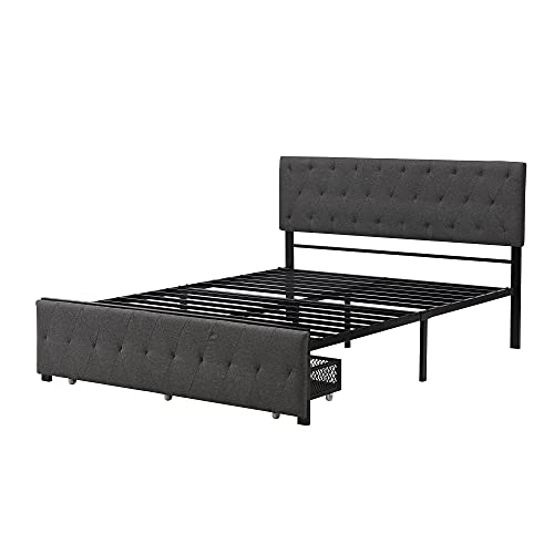 TARTOP Queen Size Upholstered Platform Bed with Storage Drawer, Metal Queen Bed Frame with Headboard,No Box Spring Required,Gray