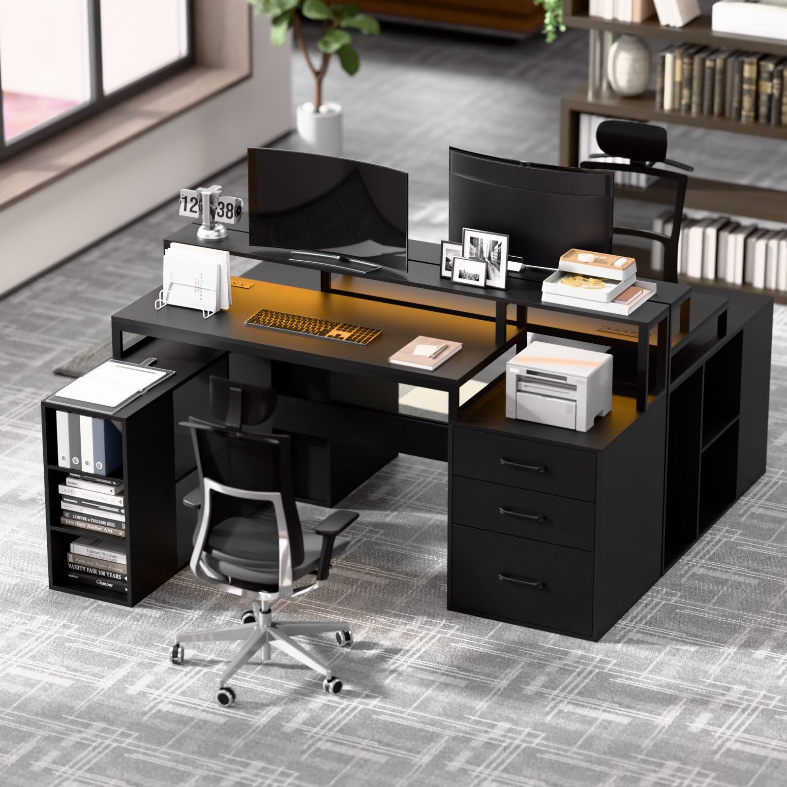 SunsGrove L Shaped Computer Desk with 3 Drawers, 65.7" Large Desk with Power Outlet and LED Lights, Corner Computer Desk with Monitor and CPU Stand, Home Office Desks with File Drawer (Black)