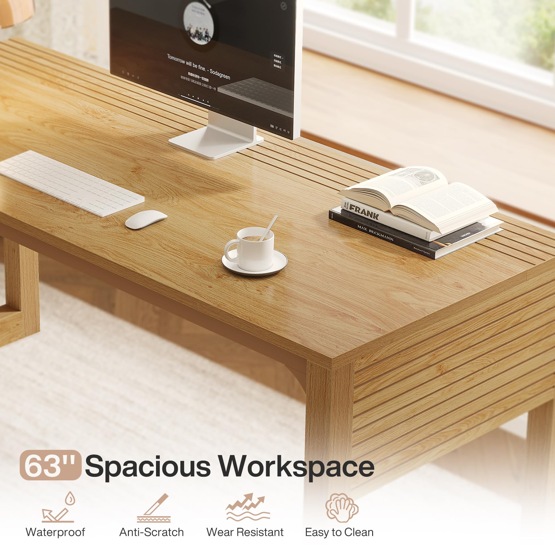 Tribesigns 63-Inch Computer Desk with Bottom Storage Shelf, Modern Home Office Desk Writing Table with Thickened Desktop, Wood Executive Desk Workstation, Natural