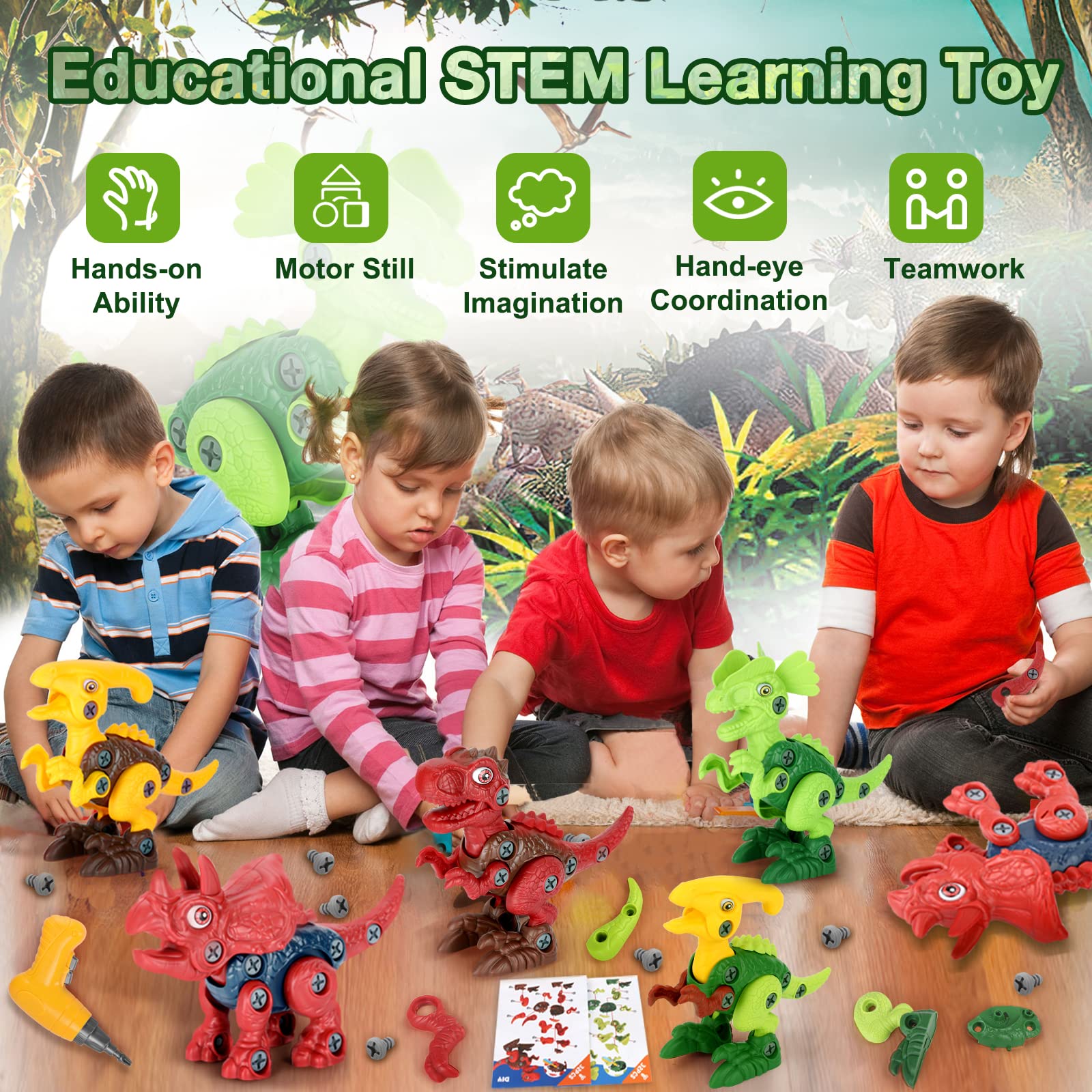 PUPAX Take-Apart Dinosaur Toys with Electric Drill, STEM Learning for Kids 3-7, Educational Building Set for Birthday & Holidays