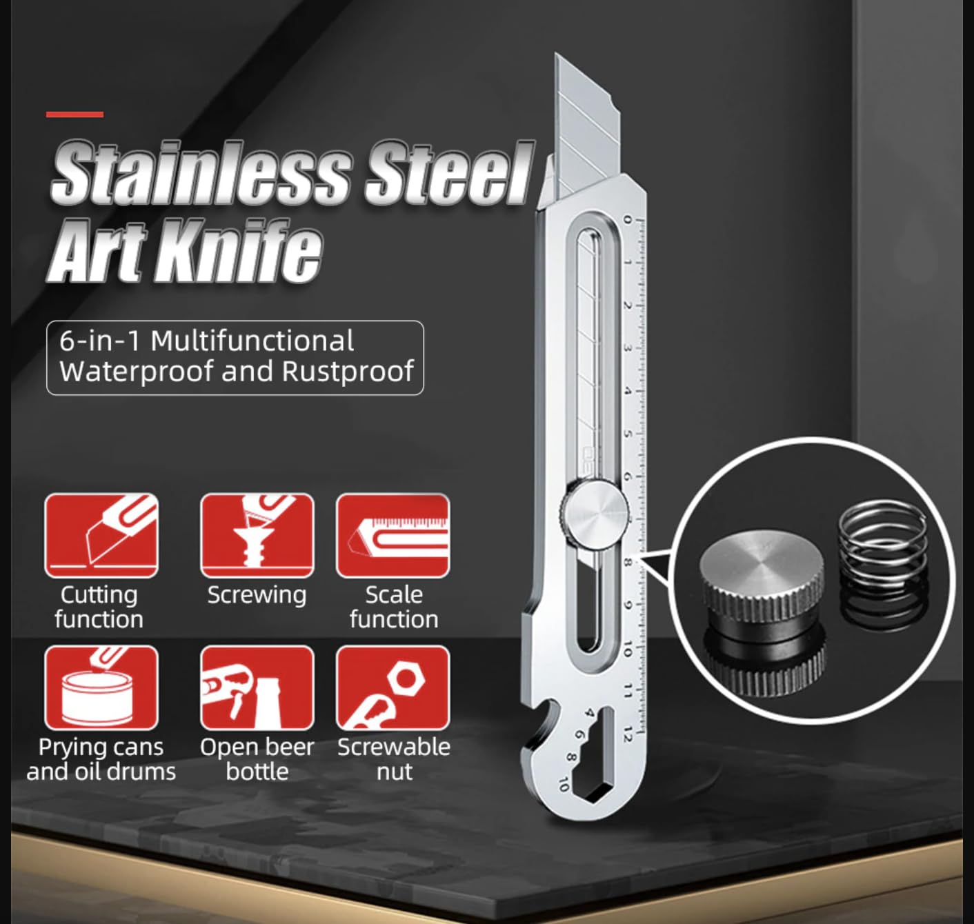 Utility Knife Stainless Steel 6 in 1 Multi Tool Heavy Duty Waterproof Rust Proof Rugged Military Grade Snap Off 18mm Cutter Lightweight Box Arts Crafts Leather Painters Construction Wallpaper