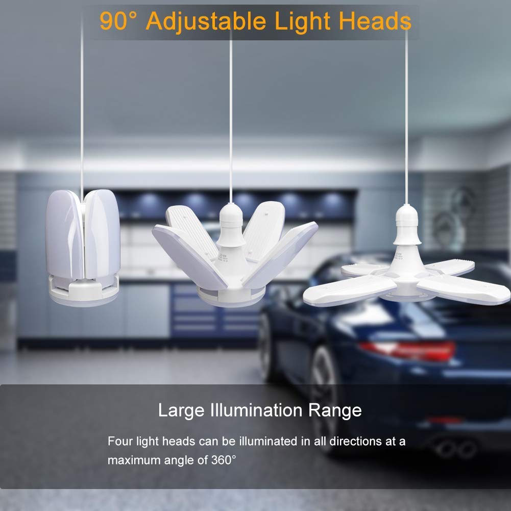 LED Garage Lights 2 Packs, 2800LM LED Garage Ceiling Lighting, 4+1 Lighting Units Led Light Bulbs for Garage, Screw in Lighting Fixture for Shops Utility Room Basement barn,28W CRI80 6000K Daylight