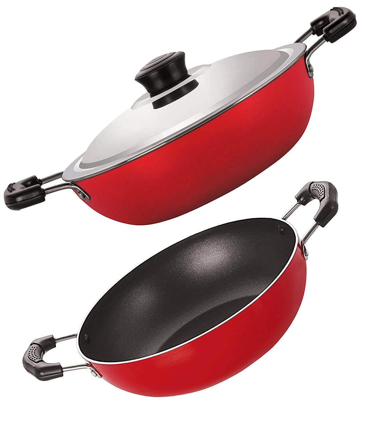 Non-Stick Coating Kadai / Fry Pan with Steel Lid 2.6 mm(Red) ,Valentine Day Gifts