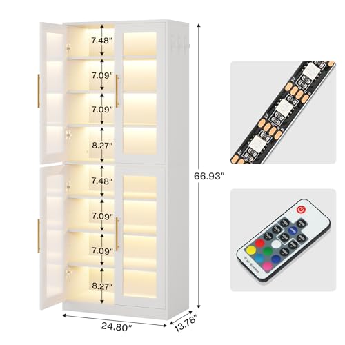 Tribesigns Tall Shoe Storage Cabinet with Acrylic Doors and LED Lights, 8-Tier Entryway Shoe Organizer Rack with Adjustable Shelves and Hanging Hooks for Narrow Closet, Hallway, Living Room, White