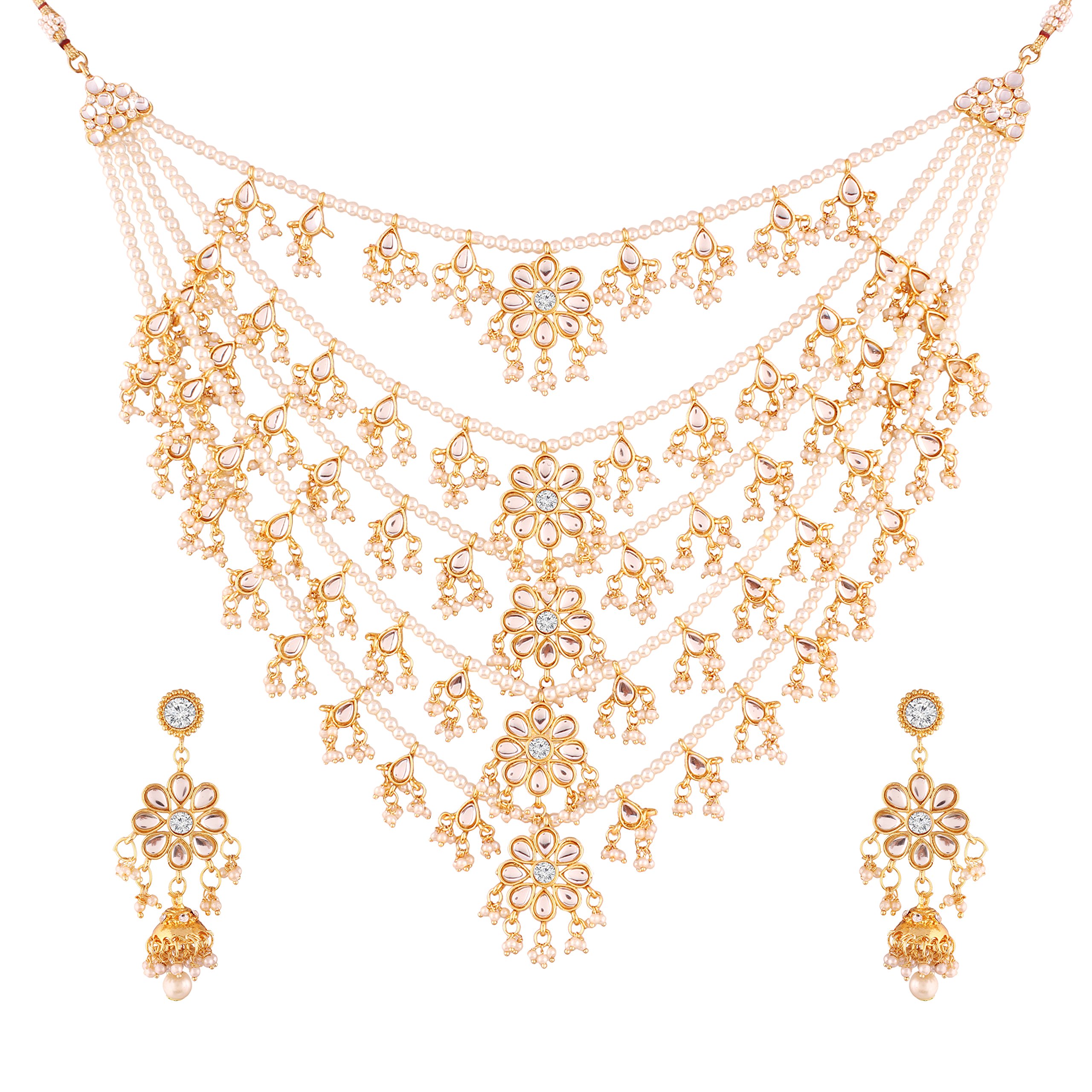 I Jewels Floral Style Pearl Gold Plated Indian Wedding Bollywood Multi Strand Rani Haar Jewellery set For Women (M4080W)