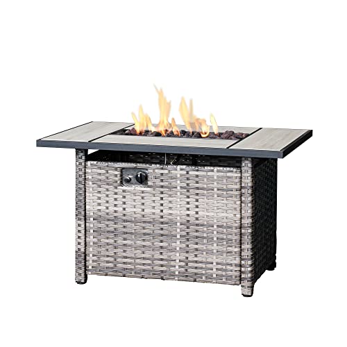 OVIOS Fire Pits 42 Inch Outdoor Gas Fire Pit Table, 50,000 BTU Steel Fire Pit with Lid and Volcanic Rock Wicker Rattan Patio Coffee Table for Backyard Deck Balcony (Grey-Large Rectangle)
