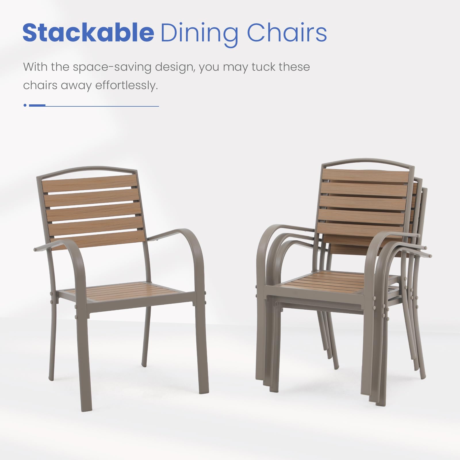 SUNSITT 7 Piece Outdoor Dining Set for 6, Aluminum Patio Dining Furniture Set with 59” Rectangle Dining Table & 6 Stackable Patio Chairs, Outdoor Table and Chairs w/Faux Wood Grain, Teak Wood Color