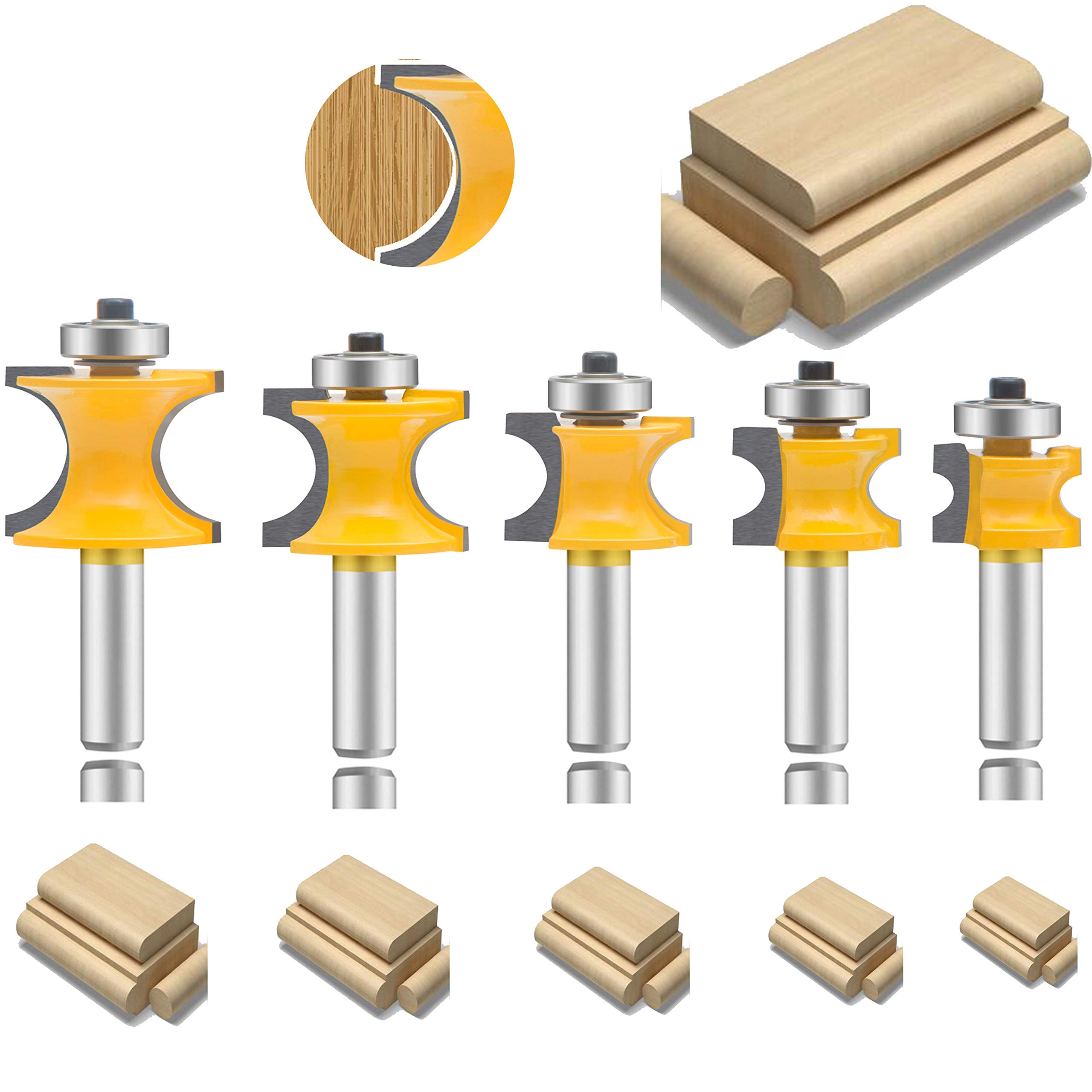 LEATBUY 1/2 Inch Shank Bullnose Router Bit 5PCS,Half Round Bearing Carbide Tipped Edge Cutting Bits, Radius 1/8" 3/16" 1/4" 5/16" 3/8", Woodworking Milling Cutter (YL05)