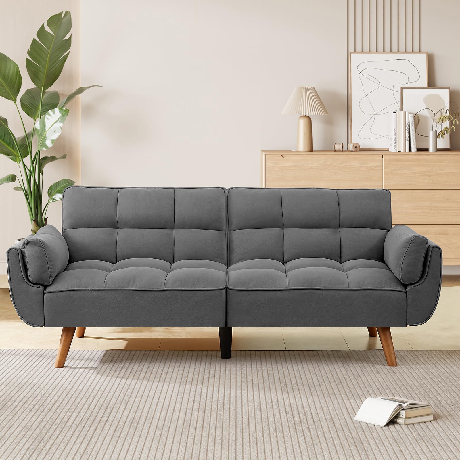 saows Futon Sofa Bed, Modern 75" Convertible Sofa Bed with Split Backrests and Pillow Top Armrests, Sleeper Bed Couch for Small Spaces, Living Room, Bedroom, Dark Grey
