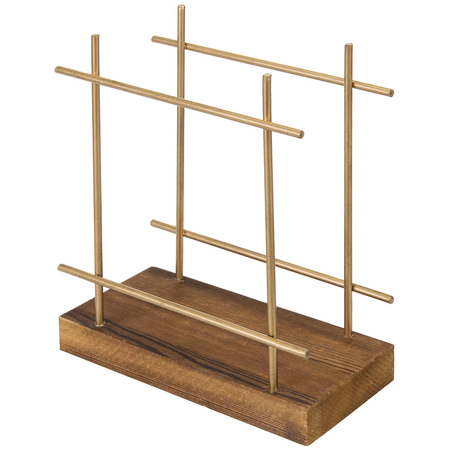 MyGift Contemporary Brass-Tone Wire Metal Upright Napkin Holder with Rustic Burnt Brown Wood Base, Decorative Kitchen Table Dining Napkin Holder