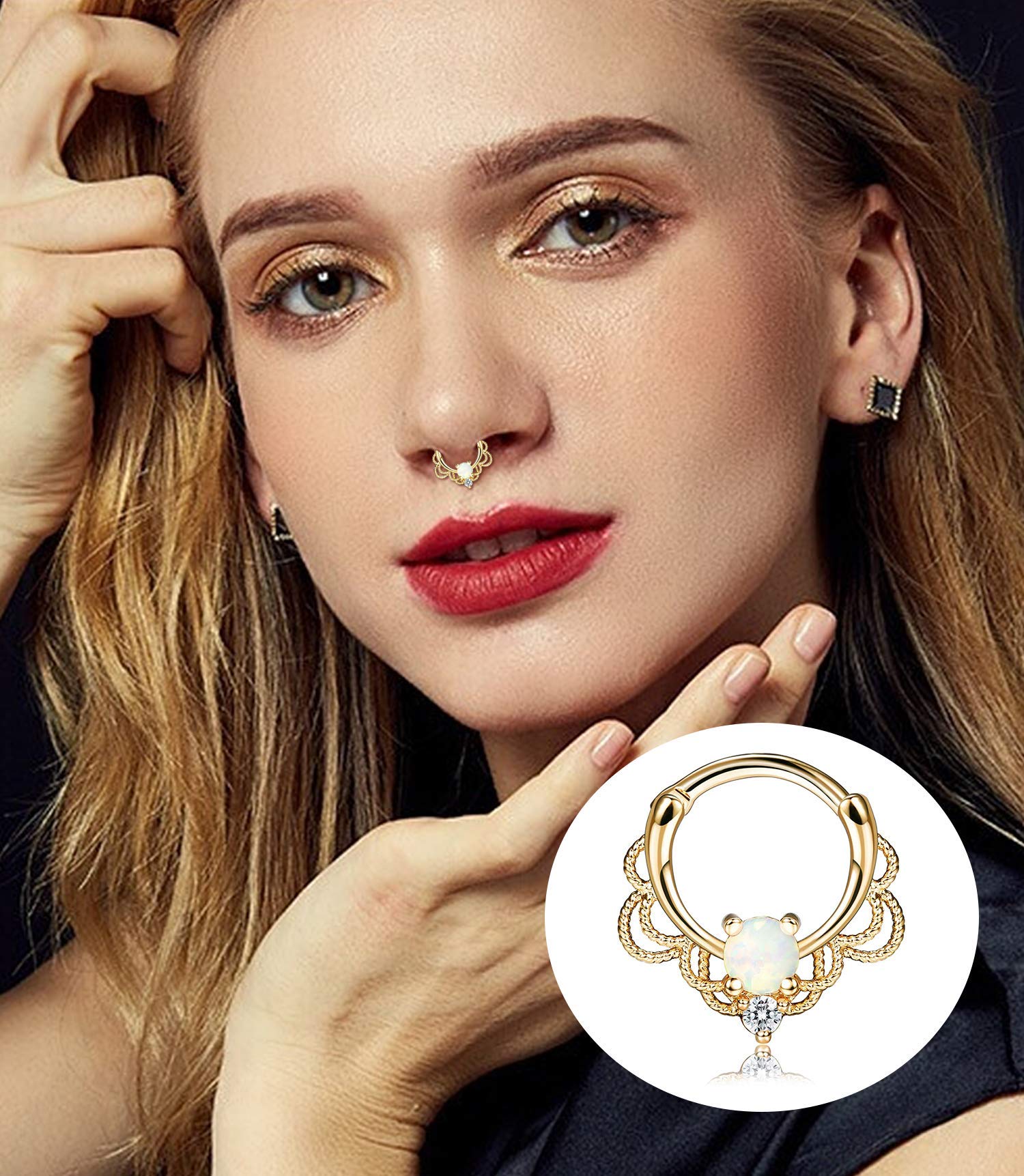 JOERICA 9 Pcs Stainless Steel Septum Hoop Nose Rings Cartilage Daith Earrings Clicker CZ Body Piercing Jewelry