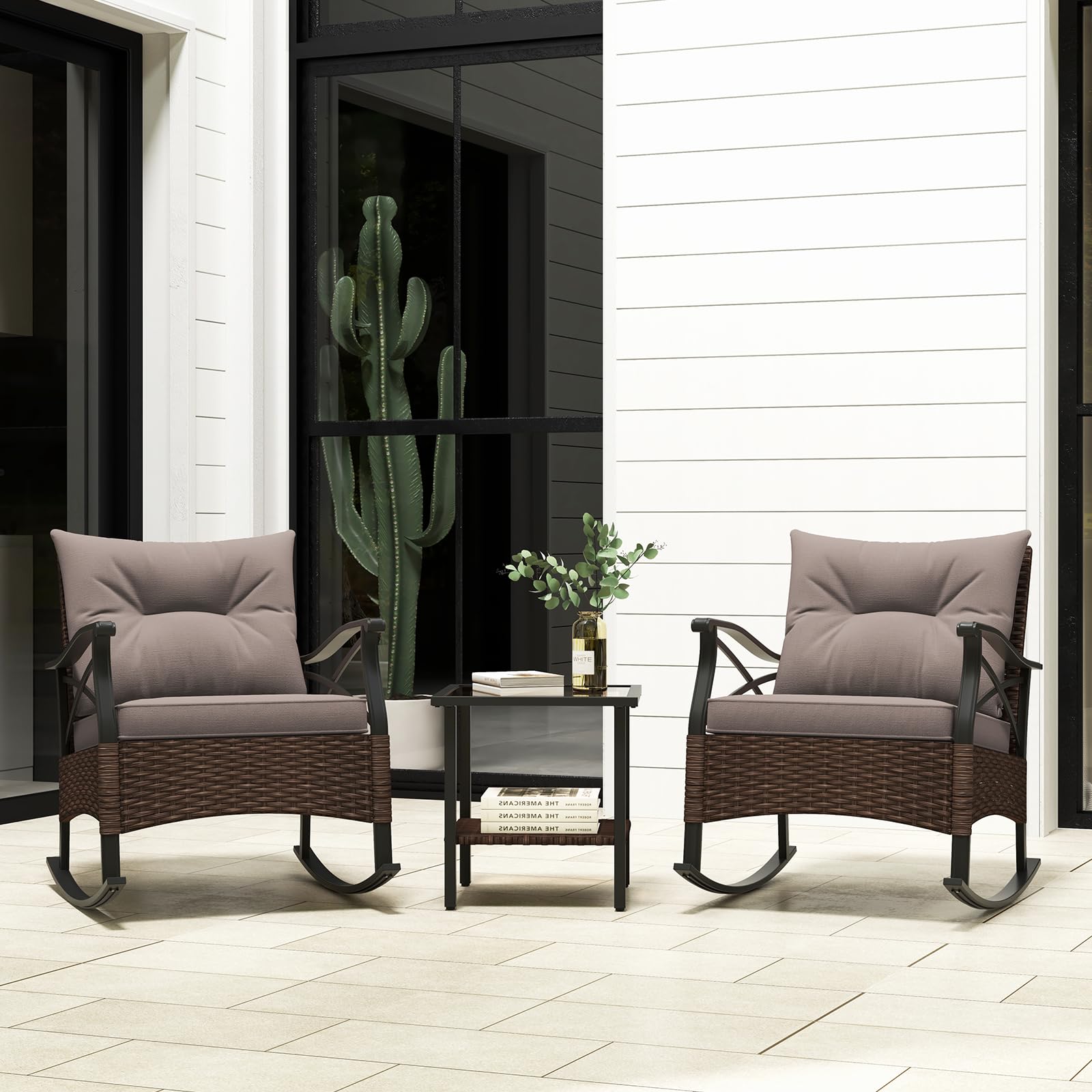 Tangkula 3 Pieces Outdoor Rocking Chairs Set, Rattan Heavy Duty Cushioned Rocker Chairs with 2-Tier Tempered Glass Coffee Table, for Garden, Balcony, Backyard